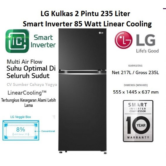 Jual LG Kulkas 2 Pintu 235L Smart Inverter Linear Cooling GV-B212PQMB 212PQMB | Shopee Indonesia