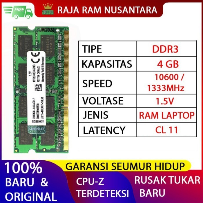 Jual RAM LAPTOP KINGSTON DDR3 4GB PC 10600 / 1333MHz ORI RAM SODIMM 1.5v 4GB | Shopee Indonesia
