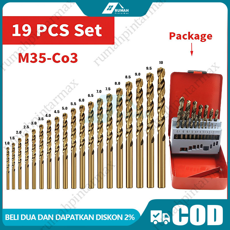 Jual MATA BOR BESI HSS STEEL TITANIUM SET 19 PCS TWIST DRILL SET DRILL ...