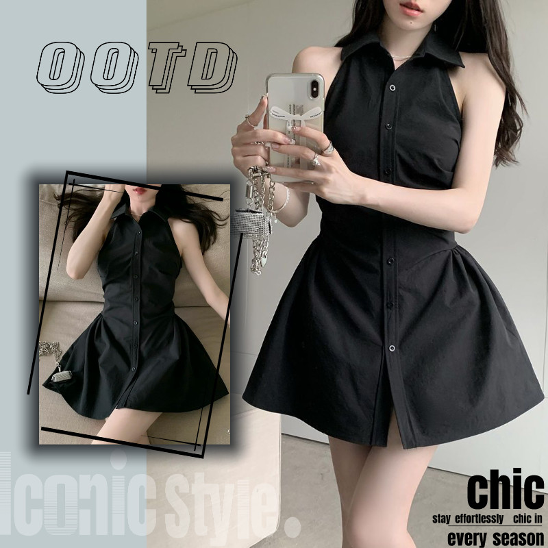 Jual Gaun Kemeja Off-shoulder Halterneck Tanpa Lengan/rok Lipit Kerah ...