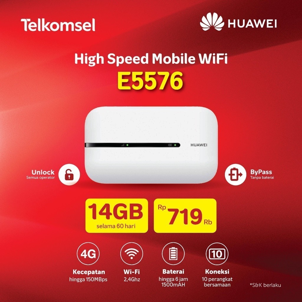 Jual MODEM MIFI HUAWEI E5576 WIFI 4G LTE Free Telkomsel 14GB GARANSI ...