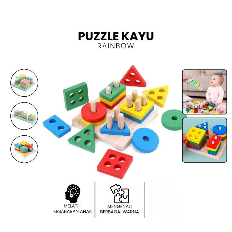 Jual Mainan Edukasi Anak Puzzle Kayu GEOMETRI Pilar Basic Shape Balok ...