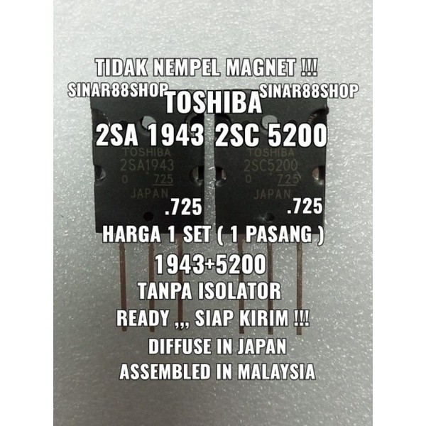 Jual TR TRANSISTOR FINAL TOSHIBA 2SA1943 2SC5200 ORIGINAL 2SA 1943 2SC 5200 A 1943 C 5200 MURAH ...