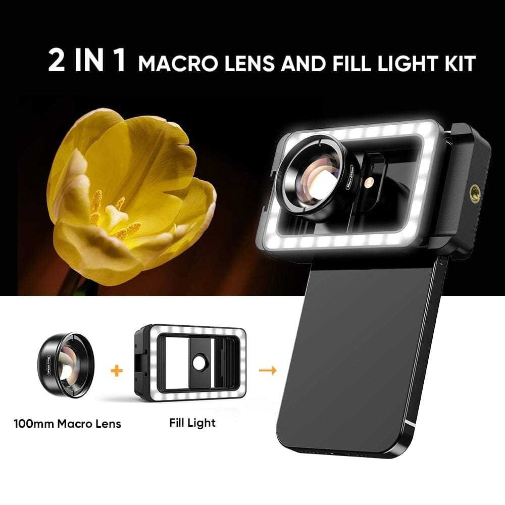 Jual APEXEL Lensa Kamera HP 2 in 1 Macro Lens with LED Fill Light - APL ...