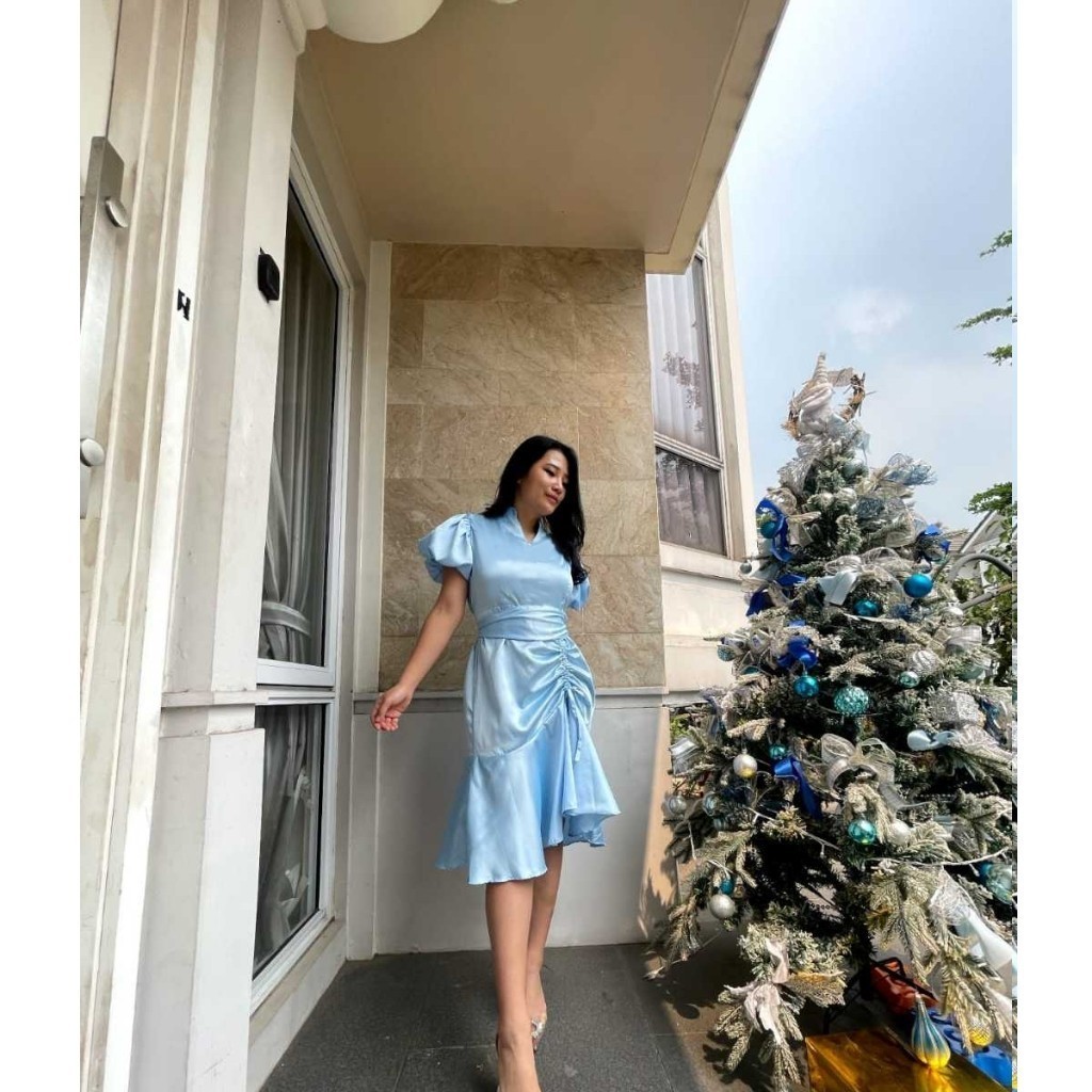 Jual Natal Dress serut Satin Dress Midi/Dresscode Natal 2023 /Dress ...