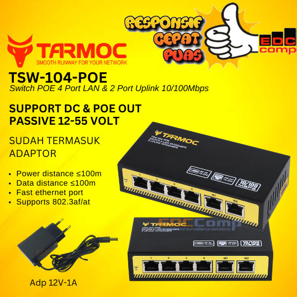 Jual Tarmoc TSW-104-POE | Switch POE 4 Port + 2 Uplink 10/100Mbps, DC ...