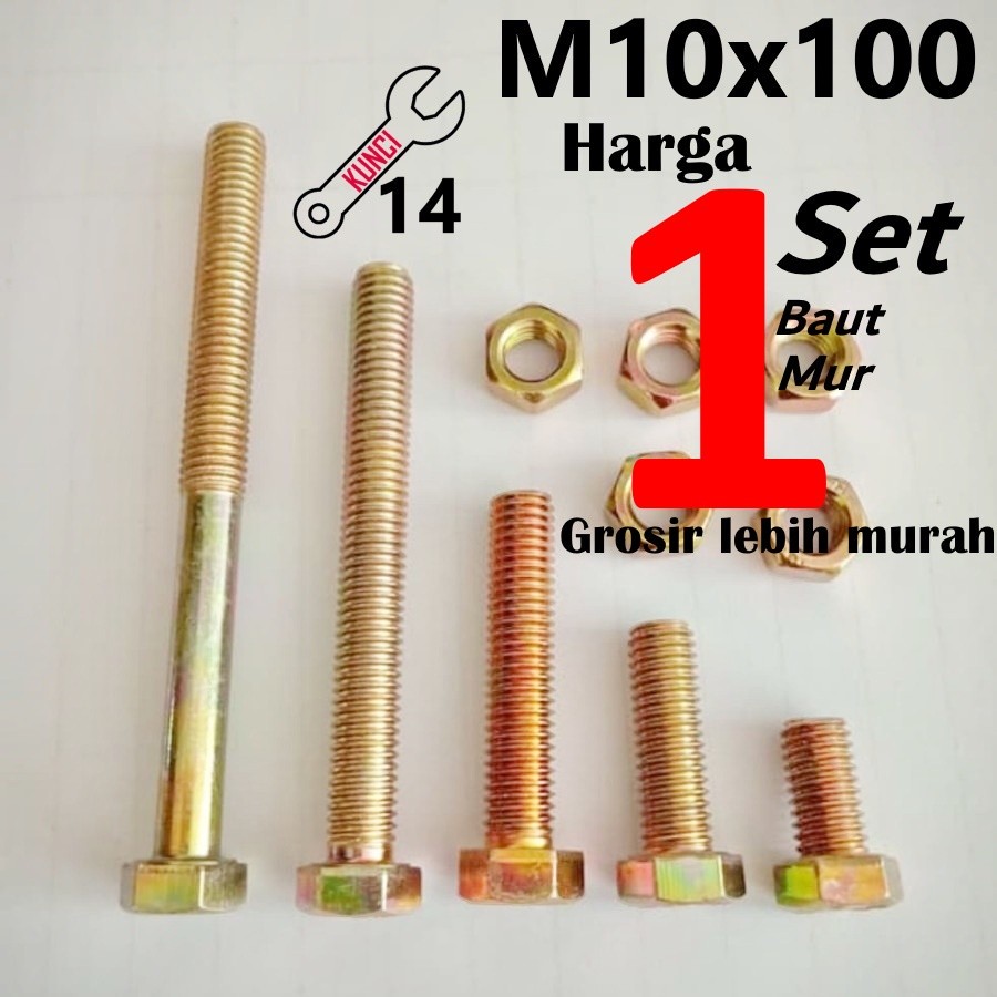 Jual Baut Mur Kuning M10 x 100 (10cm) Hex Besi BMK Kunci 14 K14 Grade 4.6 Murah M10 | Shopee ...