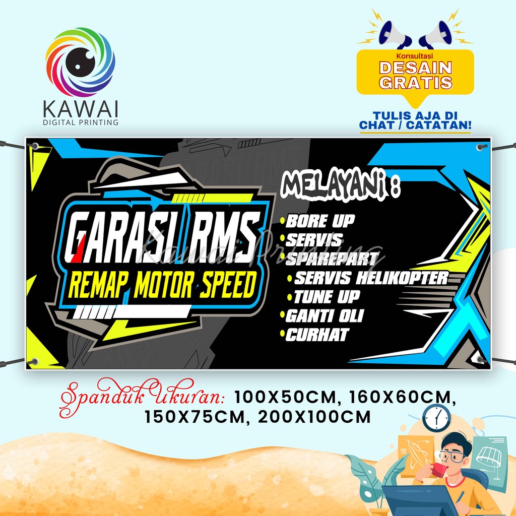 Jual Spanduk Banner MMT Bengkel Motor Biru Kuning Rekuest 200x100 Cm ...