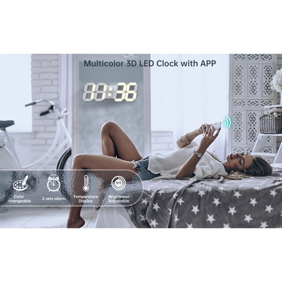 Jual Tuya Alarm Clock 3D Led Wall Digital Color Clock 15Inch Nordic ...