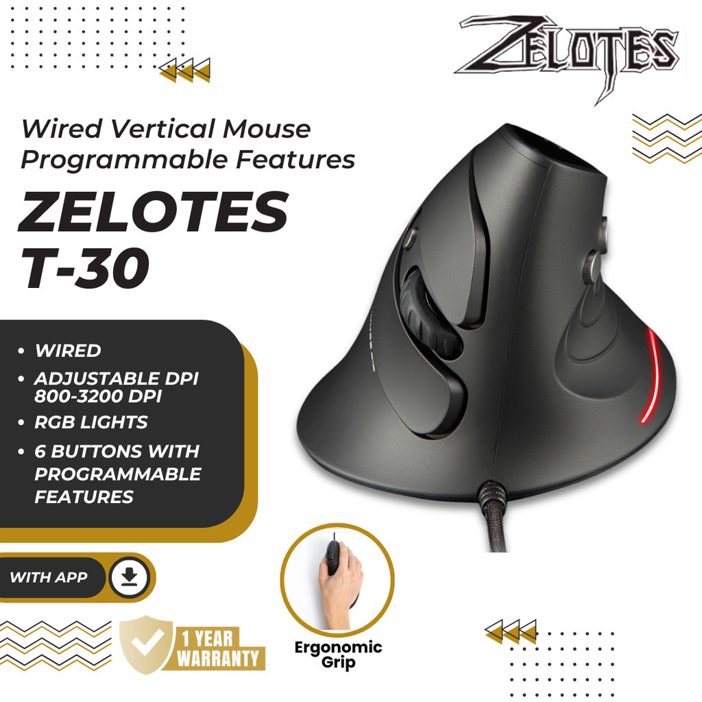 Jual Zelotes T30 Ergonomic Vertical Wired Gaming Mouse | 6 Programmable ...