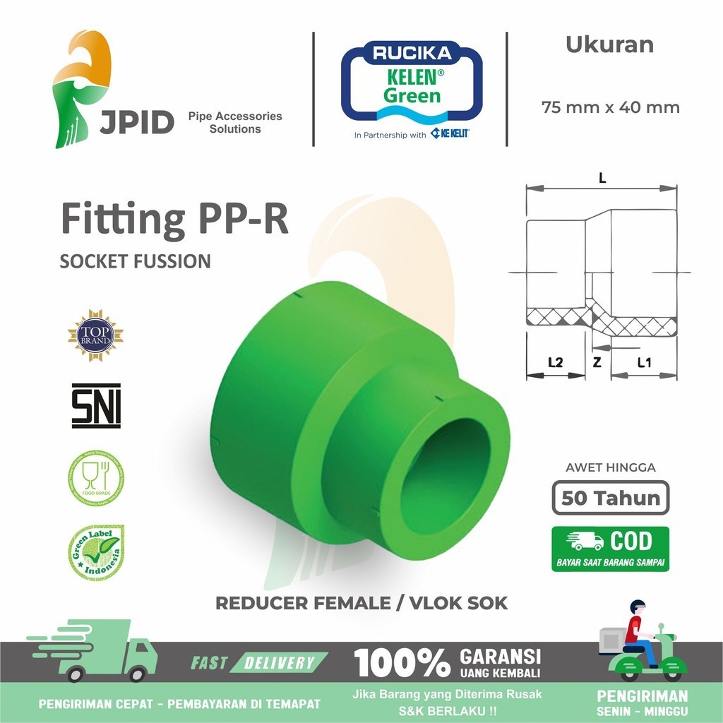 Jual Fitting PPR Reducer Female 75mm x 40mm ~ 2 1/2" x 1 1/4" Inci Rucika Kelen Green | Shopee ...
