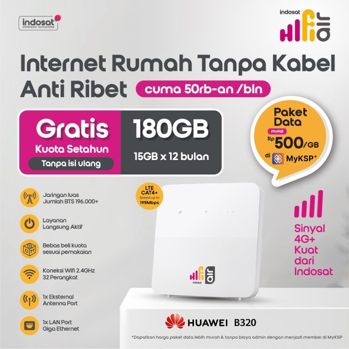 Jual Huawei B320 Indosat HiFi Air 4G CPE 5s Modem Wifi 195Mbps Free Kuota 180GB | Shopee Indonesia