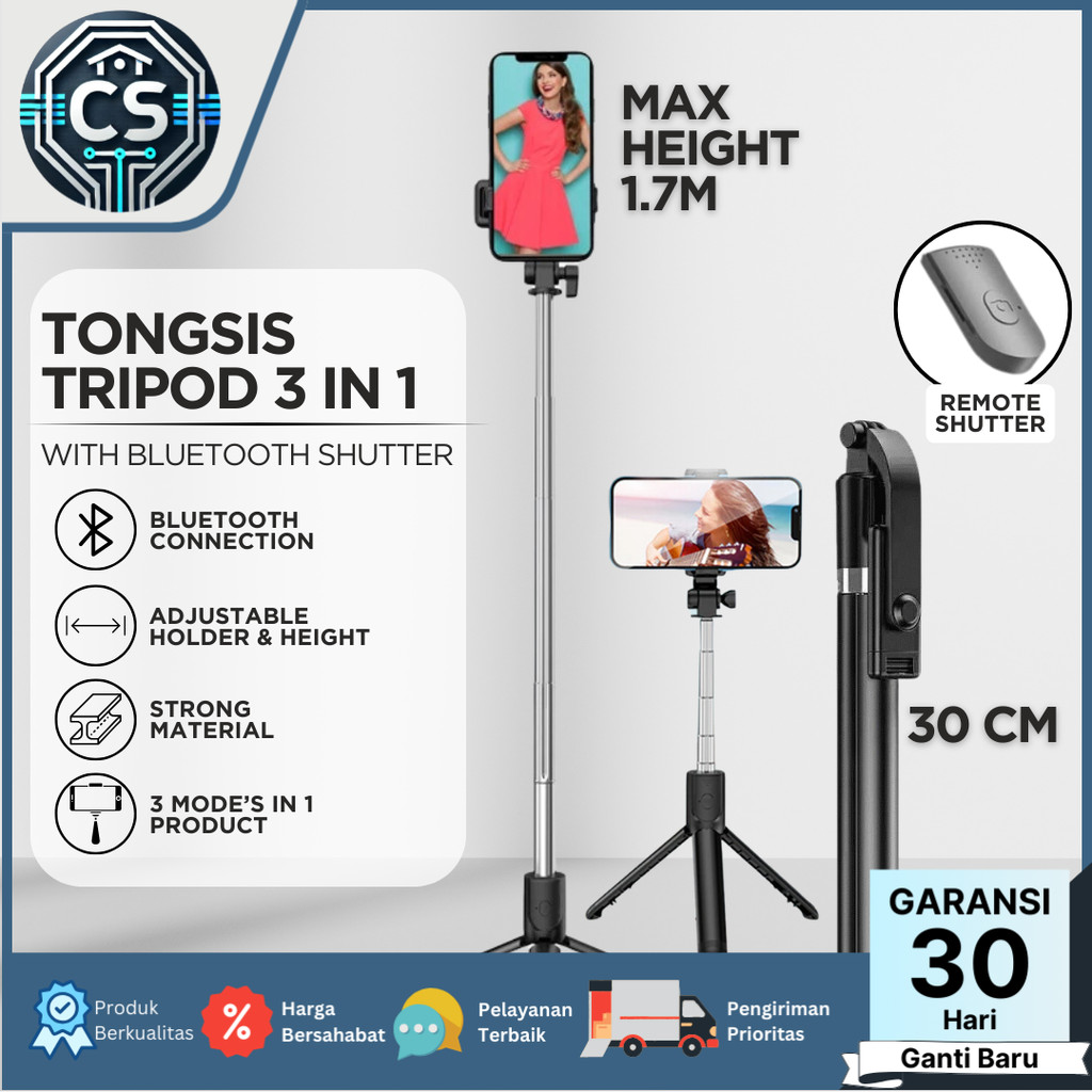 Jual Tongsis Tripod Bluetooth 3 in 1 Remote Control 1.7M Selfie Stick ...