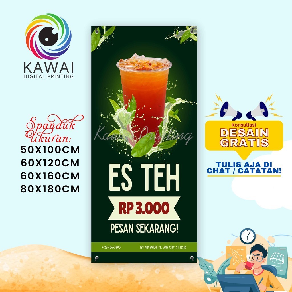 Jual Spanduk Banner MMT Jualan Minuman Es Teh Hijau Ukuran 60x160 ...