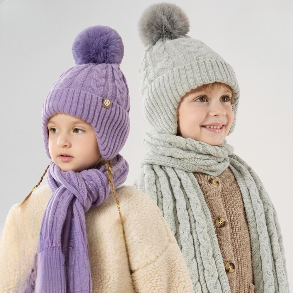 Jual ( OTH1243 ) 3 in 1 set syal scarf leher topi kupluk pompom sarung ...