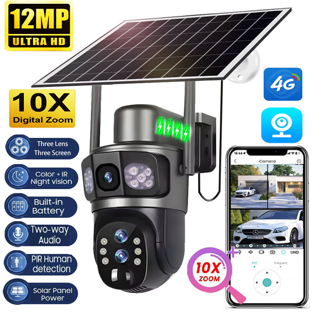 Jual Solar Camera 4G Sim Card 6K 12MP 10X Zoom Three Lens Wireless ...