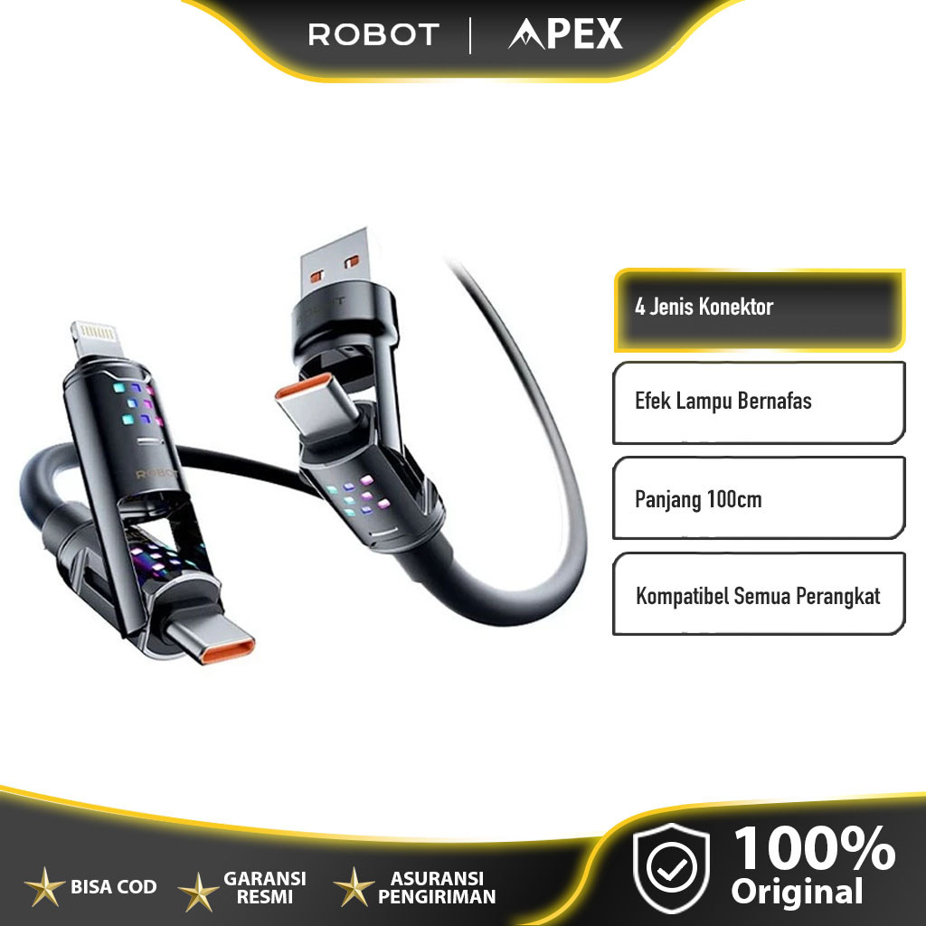 Jual ROBOT Kabel Data Fast Charging 65W Kabel Konektor 4-in-1 100cm RGB ...