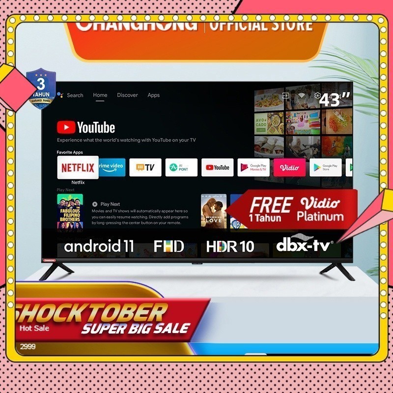 Jual Changhong 43 Inch Newest Android 11 Frameless Smart TV Digital LED TV FHD -Netflix-Youtube ...
