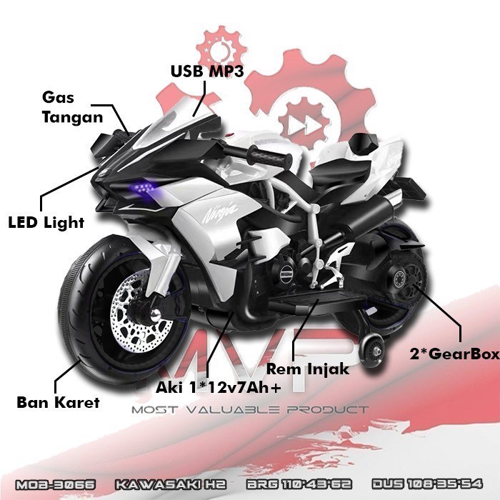 Jual Mainan anak motor aki kawasaki ninja H2 MOD-3066 - Putih, kawasaki ...
