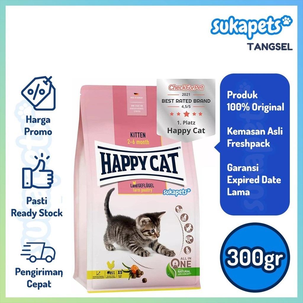 Jual Happy Cat Kitten Farm Poultry Makanan Kucing Kering 300gr | Shopee ...