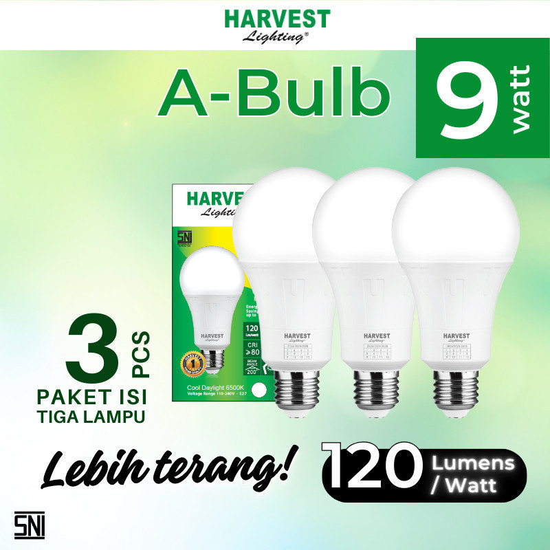 Jual 9W - Paket Isi 3 HARVEST LIGHTING Lampu Bohlam LED A Bulb 9 Watt Hemat Energi Original ...