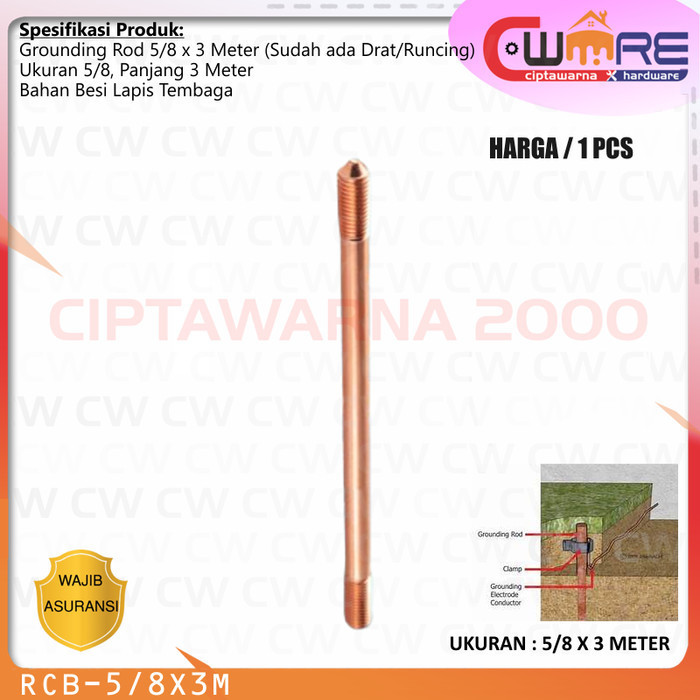 Jual Grounding Ground Rod Stik Stick Copper Bonded Penangkal Petir 5/8 x 3 meter | Shopee Indonesia