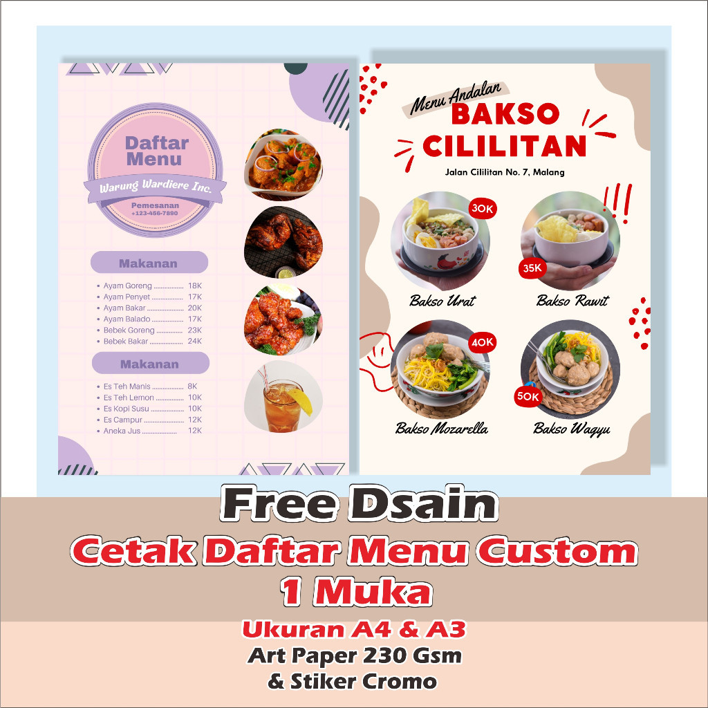 Jual cetak daftar menu 1 Muka Ukuran A4 A3 daftar menu makanan minuman ...