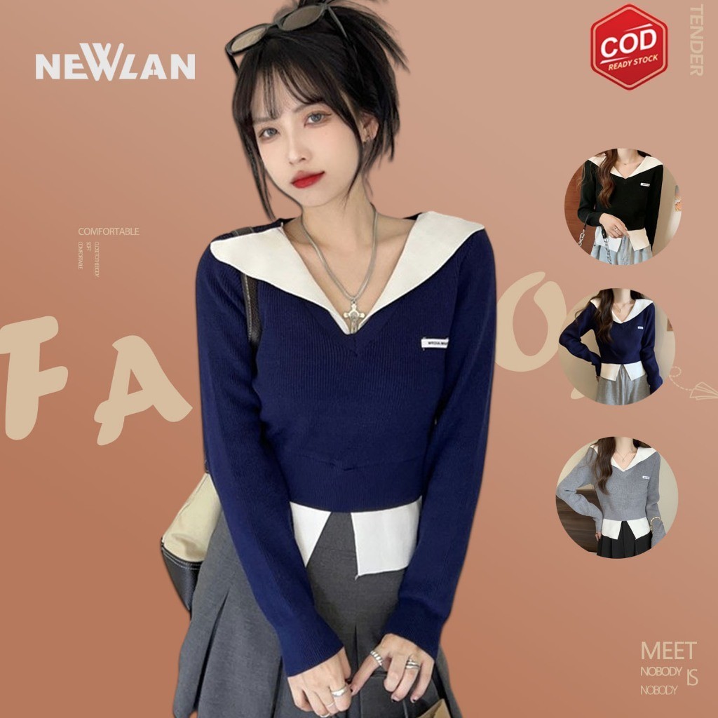 Jual Newlan ZZ089 Long Sleeve Two tone Top Pakaian Wanita Inner Rajut ...