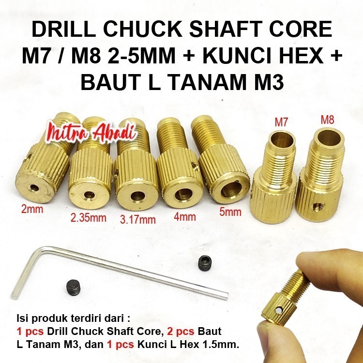 Jual DRILL CHUCK DC MOTOR SHAFT CORE M7 / M8 + KUNCI HEX + BAUT KECIL ...