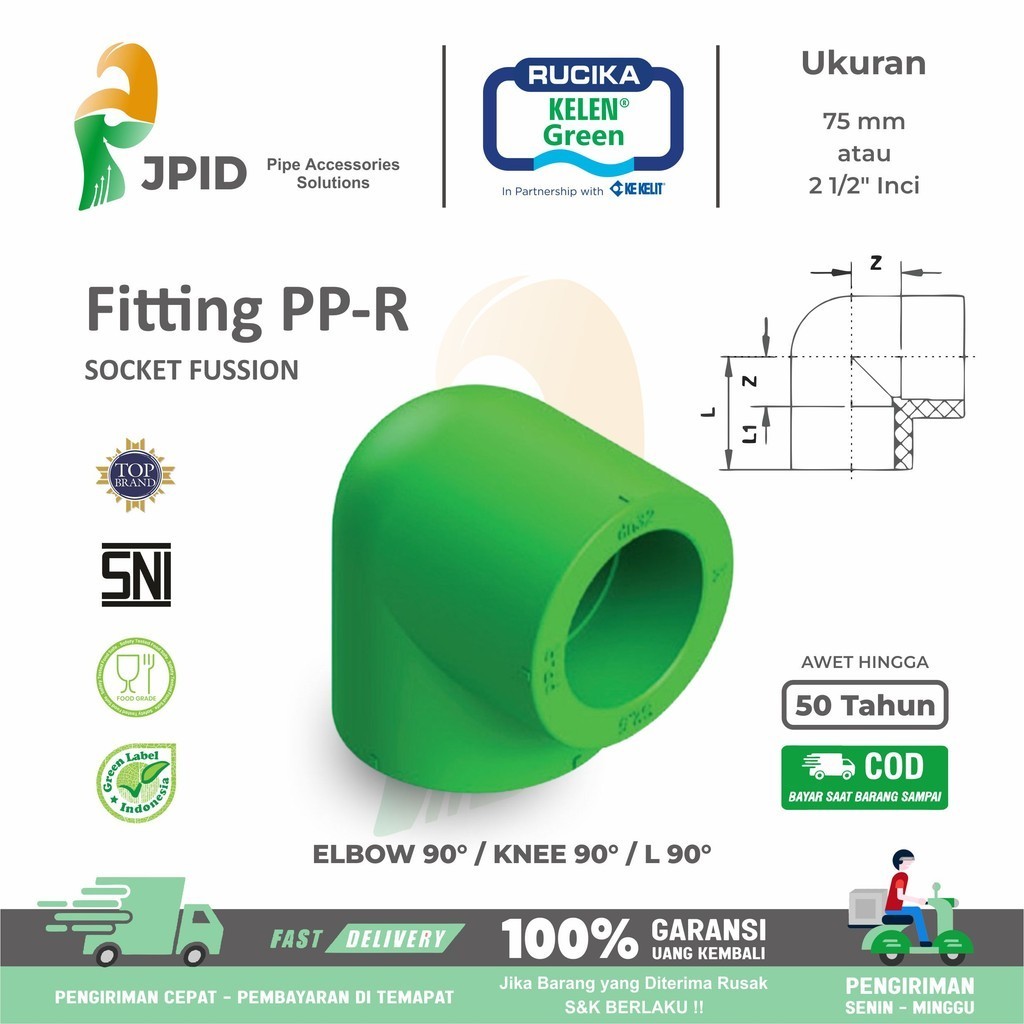 Jual Fitting PPR Elbow 90° 75 mm | Knee 75 mm ~ 2 1/2" Inci Rucika Kelen Green | Shopee Indonesia