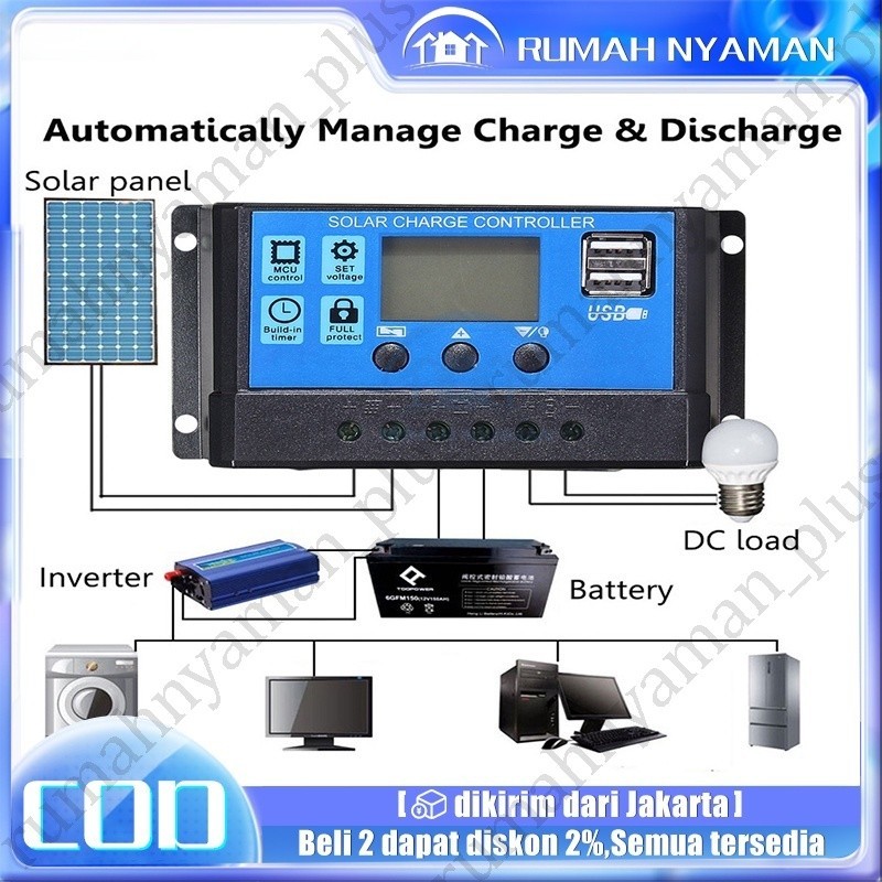 Jual Solar Charge Controller LCD LED Display Solar PWM 12V/24V 10A 20A ...