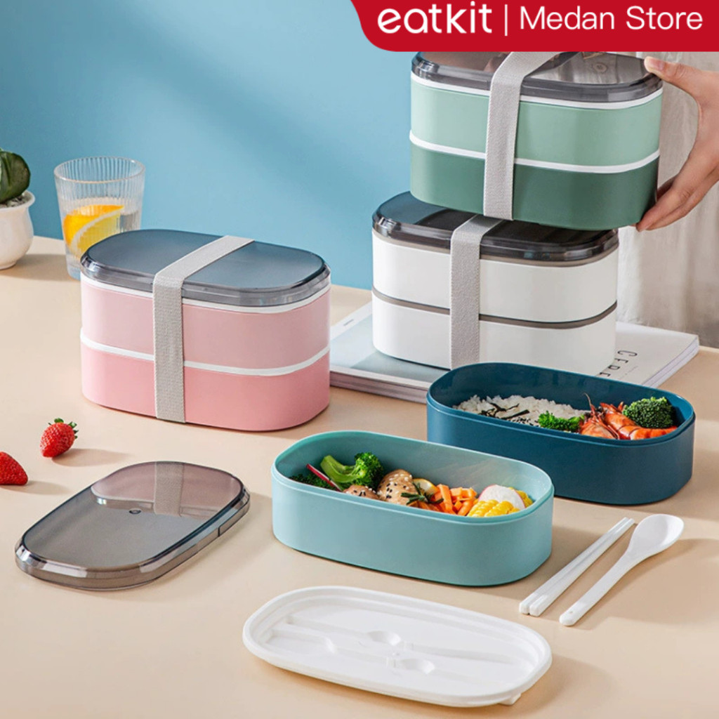 Jual [Medan Ready Stock] Eatkit Kotak Makan Siang Set 1250ml | Desain Dua Lapis Kotak Makan ...