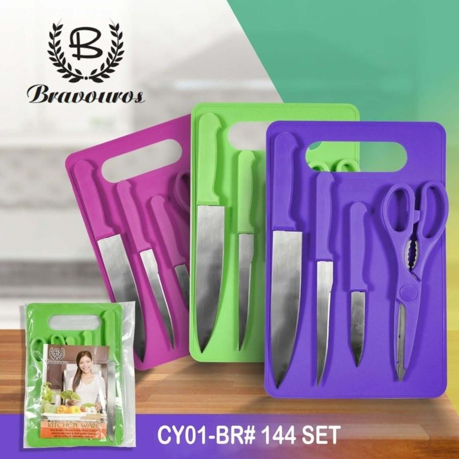 Jual Kitchen Knife Set Pisau 4 In 1 + Talenan Set Pisau Gunting CY01-BR ...