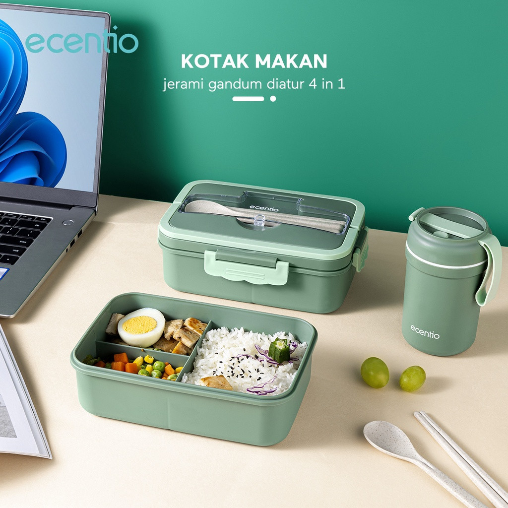 Jual ECENTIO Green Lunch Box 1000ml & Botol Sup 350ml Set Jerami Gandum ...