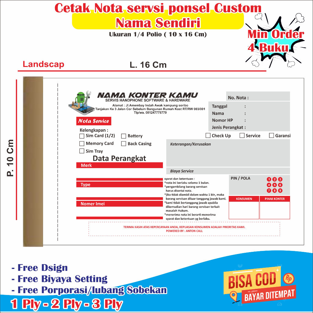 Jual Cetak Nota servis hp Custom Nama konter kamu sendiri ukuran 1/4 polio 10 x 16 cm buku nota ...