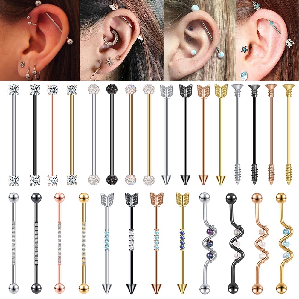 Jual 1 PC 14G Long Industrial Barbell Earring Stainless Steel Industrial Piercing Arrow ...