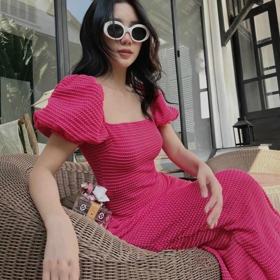Jual Women's Puff Sleeve Mesh Dress 2025 Summer - Solid Color Waist ...