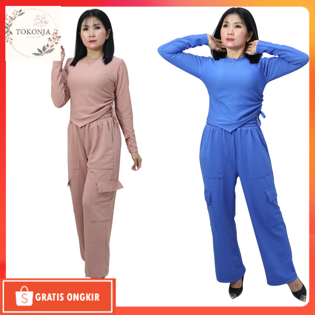 Jual One Set Terbaru / Premium Rib Knit Set Pants Cargo - Crop Top Tali ...
