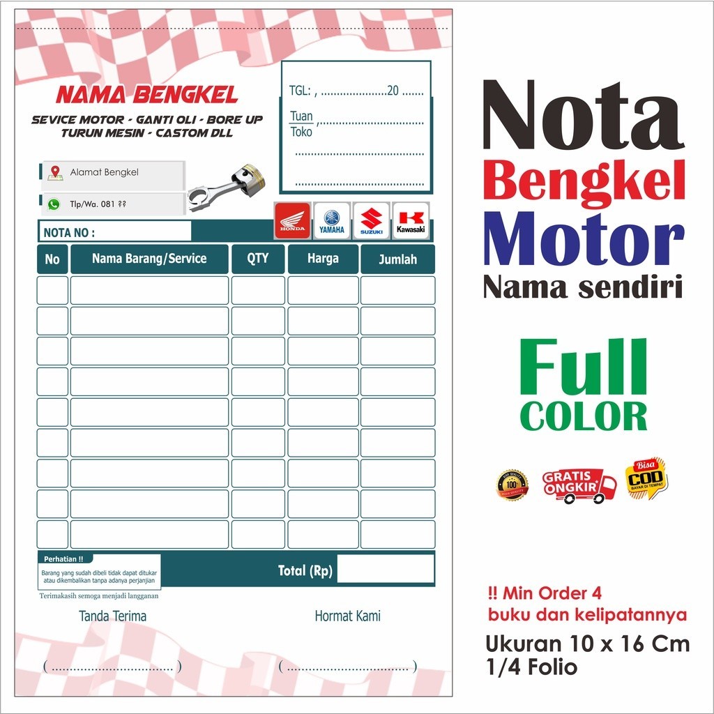 Jual cetak nota bengkel motor custom nama bengkel sendiri full color ...