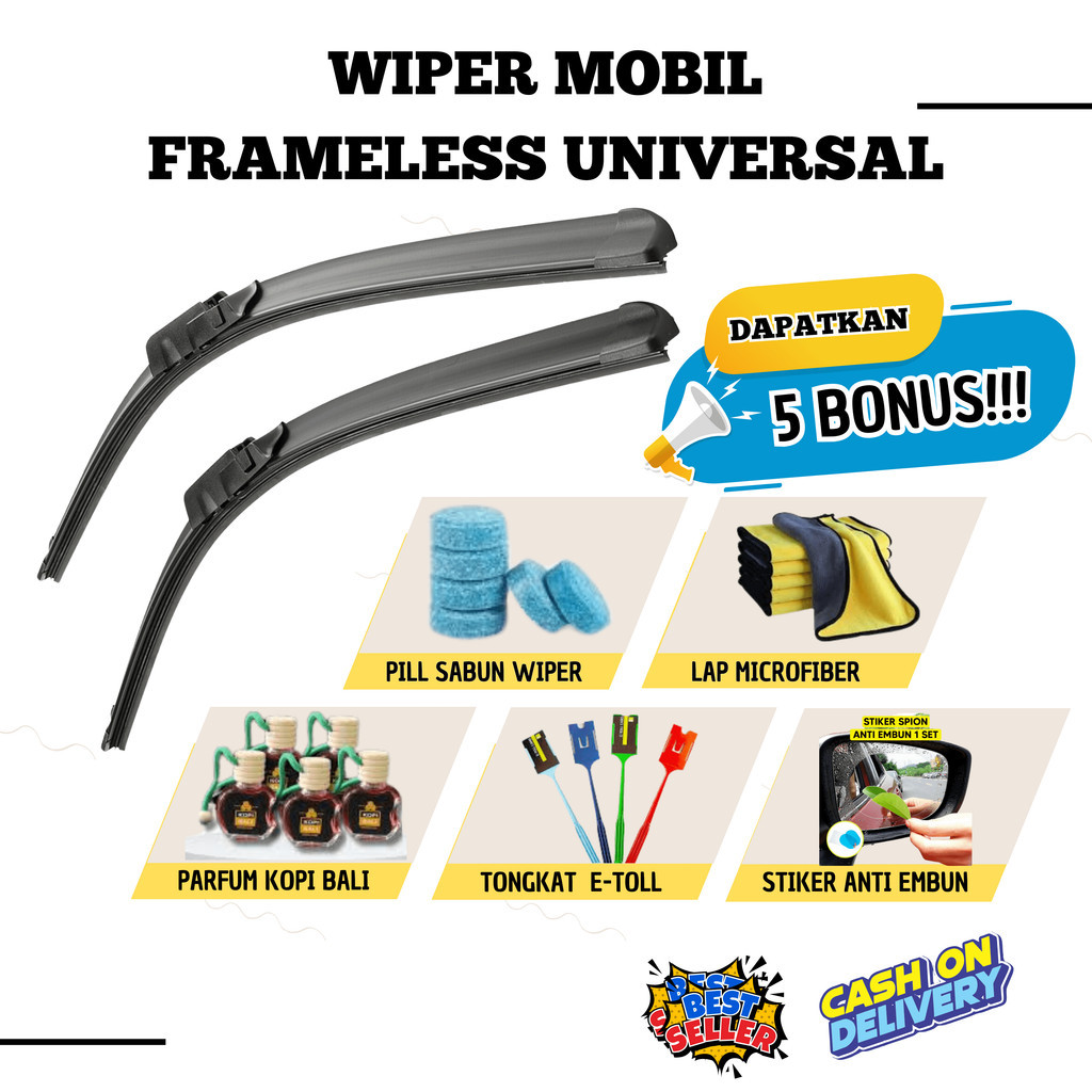 Jual Wiper Mobil Frameless Universal 1 Set Kiri dan Kanan Bonus 5 Item ...