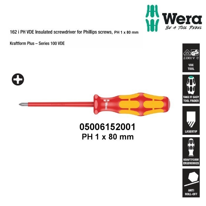 Jual Obeng Plus VDE Listrik PH 1 x 80 mm 05006152001 Wera 162 i PH VDE ...