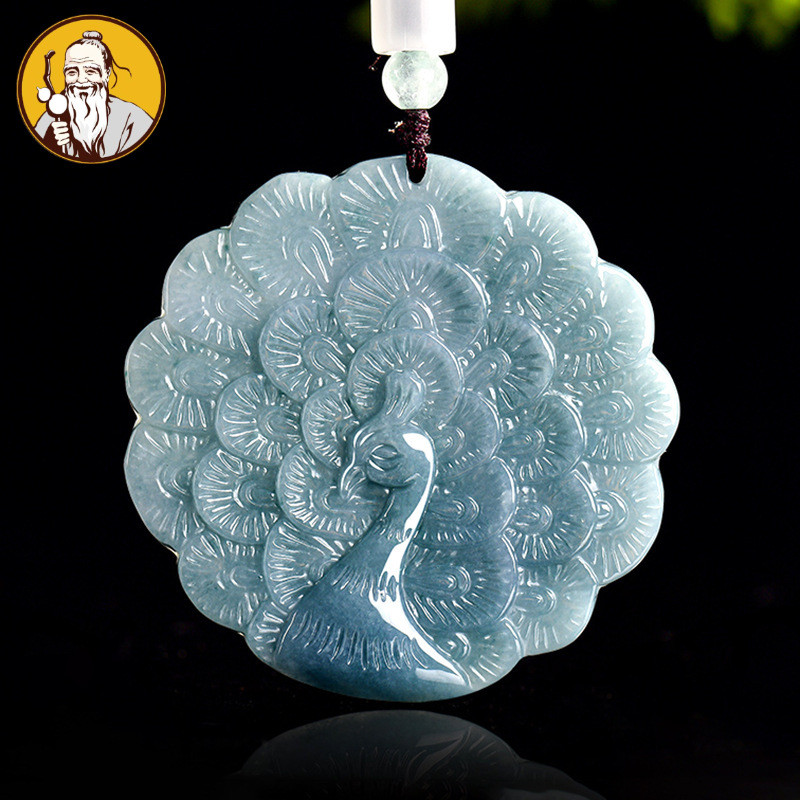 Jual (Dengan Sertifikat)Natural Liontin batu giok es merak air biru ...