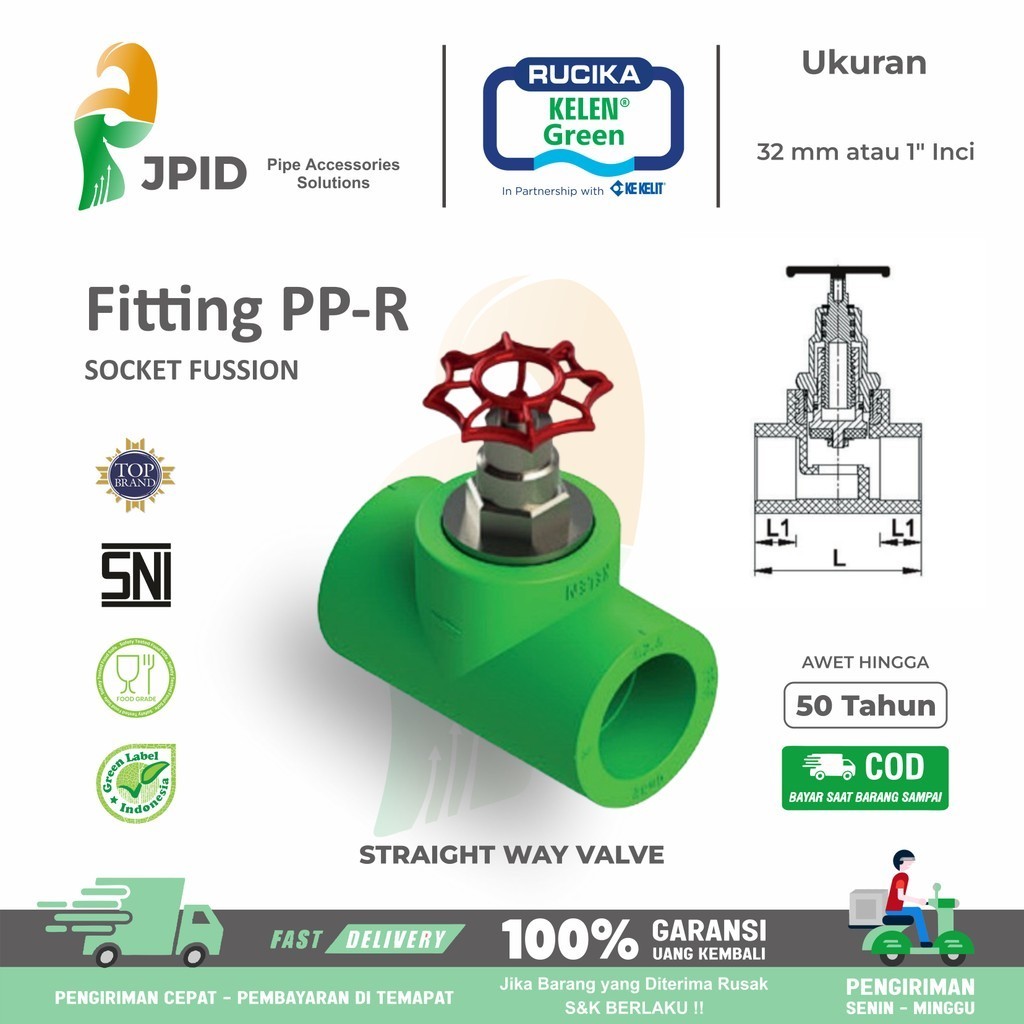 Jual Fitting PPR Straight Way Valve 32 mm Rucika Kelen Green | Shopee ...
