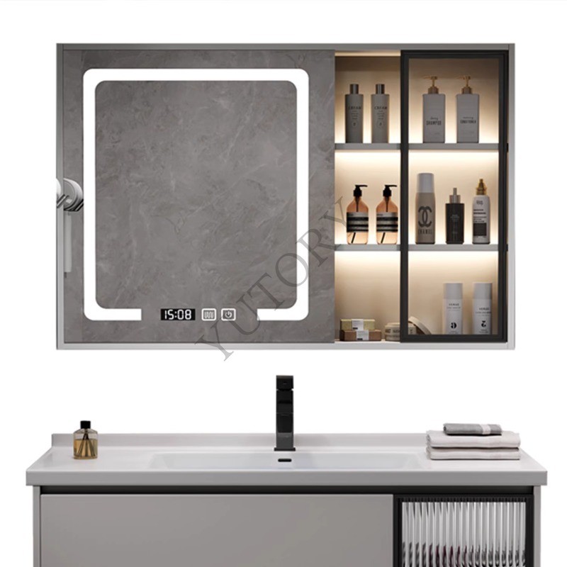 Jual Solid wood smart bathroom mirror cabinet with lamp storage glass ...