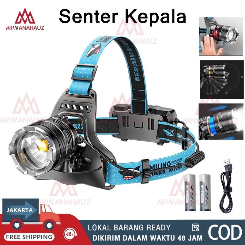 Jual SENTER KEPALA LED SMILING SHARK / Senter Kepala LED Super Terang Headlamp LED Lampu /senter ...
