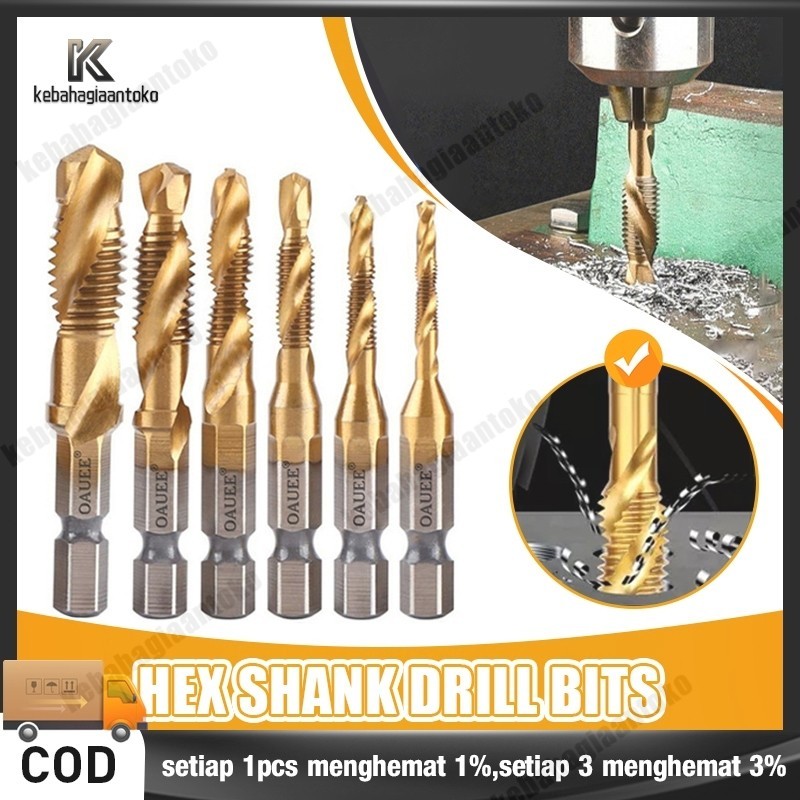 Jual 6 buah Set mata bor Tap, batang Hex berlapis Titanium HSS sekrup ...