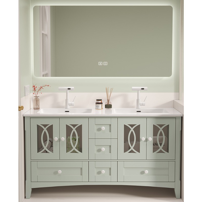 Jual Double basin oak bathroom cabinet floor-to-ceiling green rock slab ...