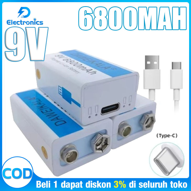 Jual Baterai 9 V Rechargeable Li-ion USB Type C 6800 mAh - D-9V - White Charger Baterai 2 slot ...
