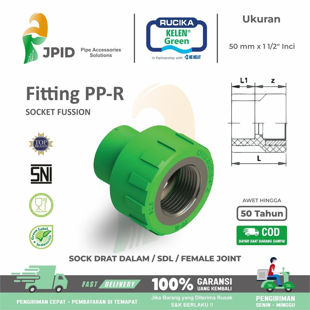 Jual Fitting PPR Female Thread Joint 50 mm x 1 1/2" | SDD PPR 50 mm x 1 ...