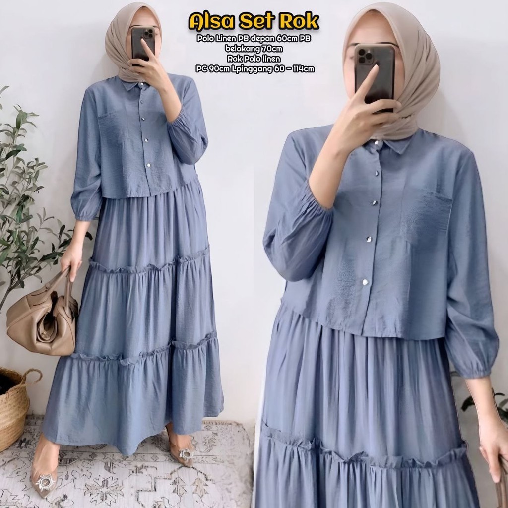 Jual Alsa Set Rok - One Set Wanita Kekinian Polo Linen Premium Baju ...